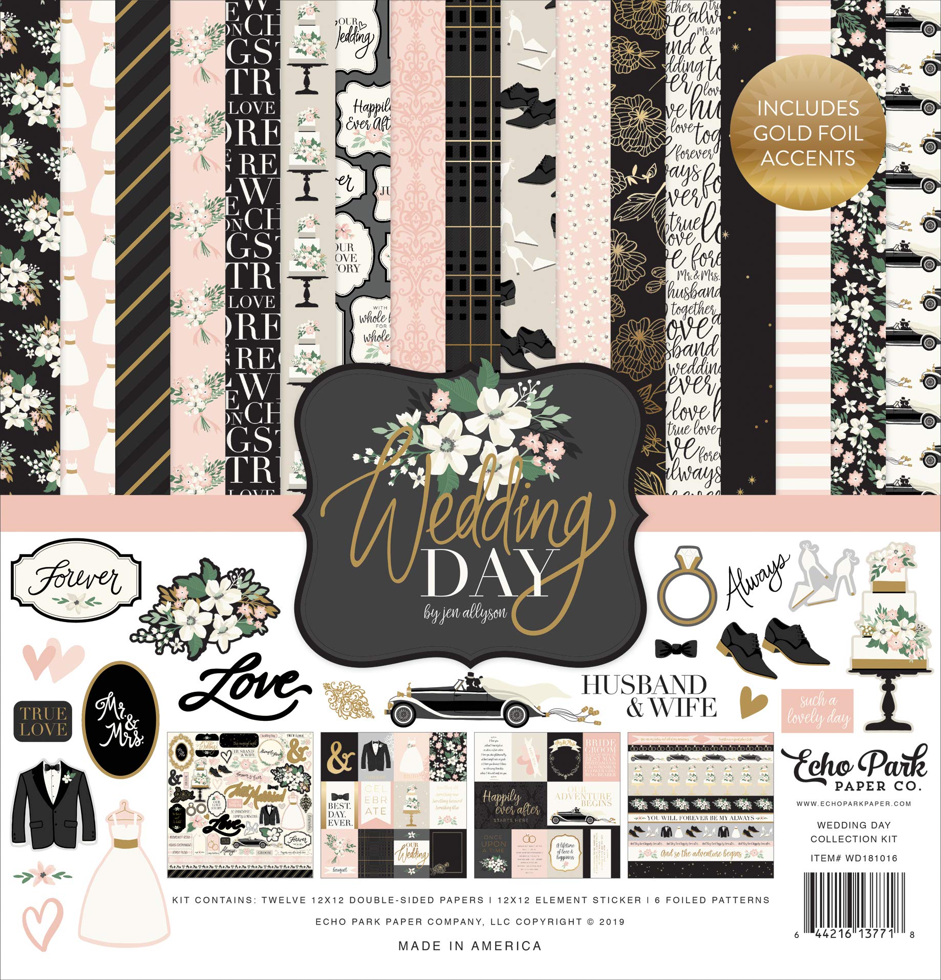 Echo Park Paper Company Wedding Day Collection Kit paper, green, pink, cream, black, grey 12-x-12-Inch