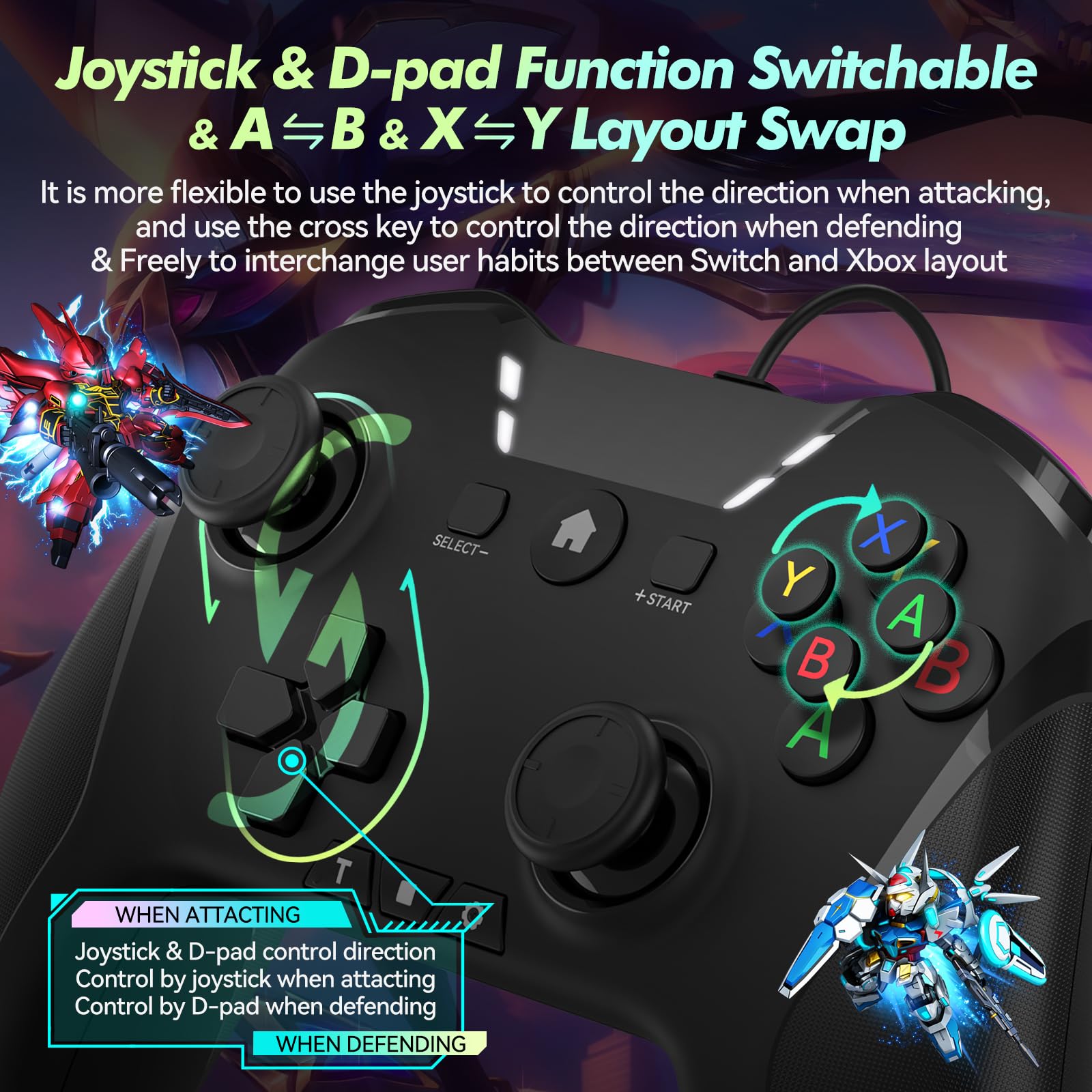 PC Controller, Wired Controller Compatible with Steam/Android/Switch/Tesla, Switch Pro Gaming Controller Gamepad Joystick with Dual-Vibration, Turbo,Macros and Screenshoot, No Battery Required(Wired Controller)