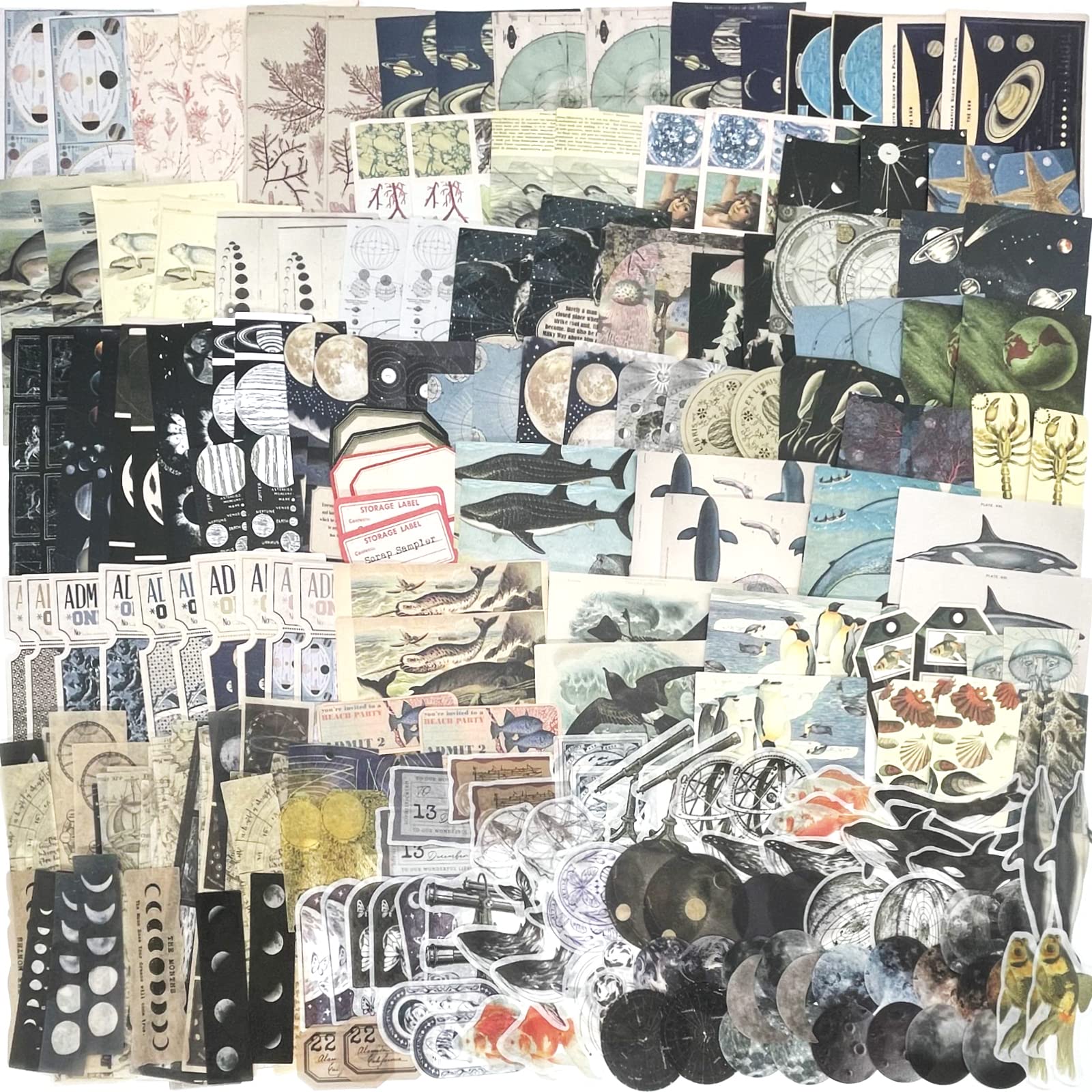 240 Pcs Vintage Journaling Scrapbooking Supplies Pack DIY Retro Scrapbook Stickers Paper Kit for Junk Journal Art Craft Aesthetic Cottagecore Collage Picture Frames (Celestial & Sea)