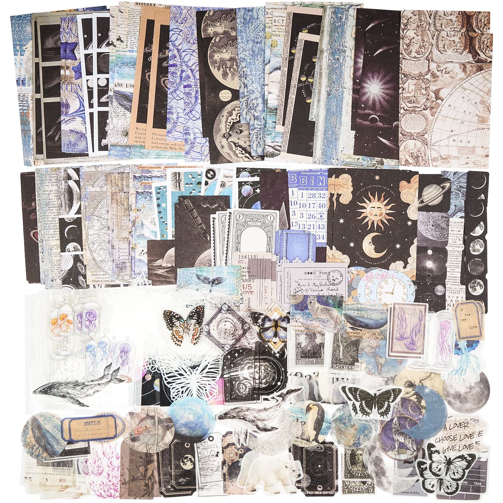Knaid 200 Pieces Vintage Ephemera Bundle Junk Journal Kit Scrapbook Supplies Paper Sticker Material Pack for Art Journaling Bullet Journals Planners Collage Decoupage Crafter Gifts (Black & Blue)