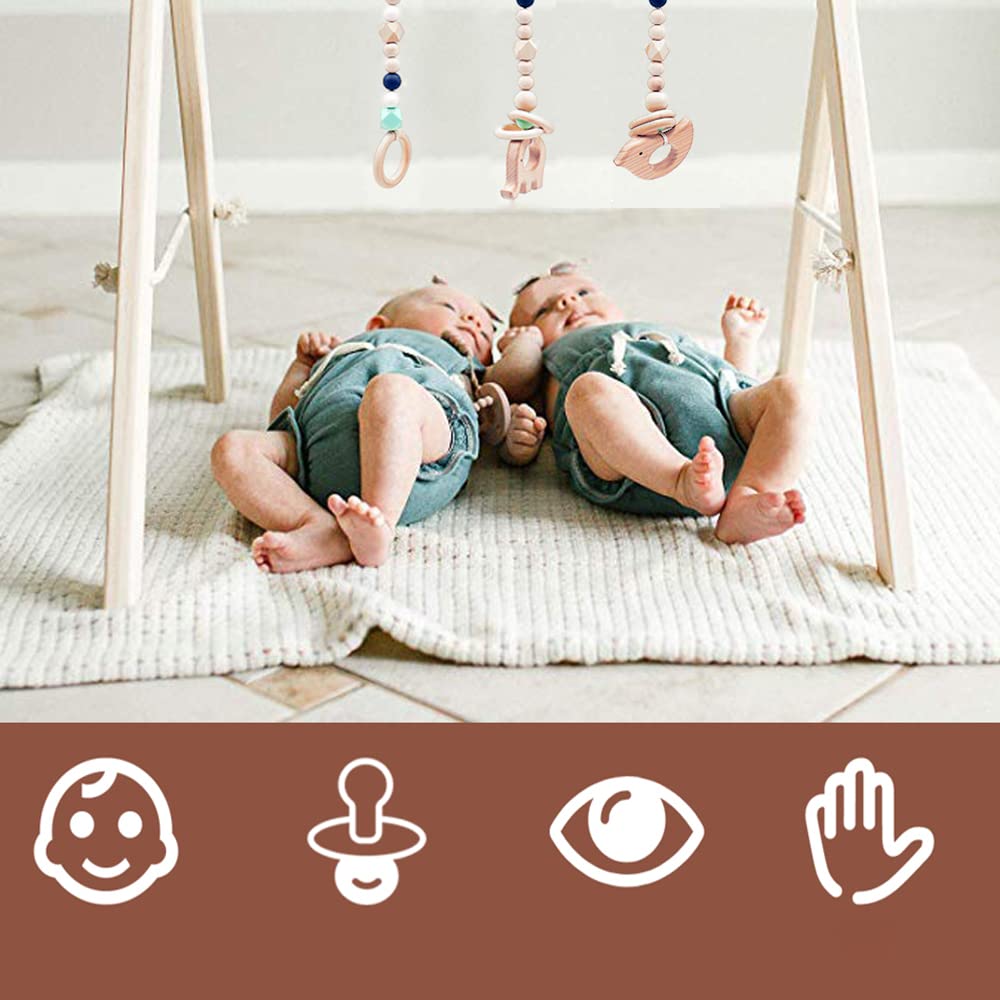 Wooden Baby Gym with 4 Baby Sensory Toys Foldable Baby Play Activity Gym Frame Hanging Bar Newborn Gift