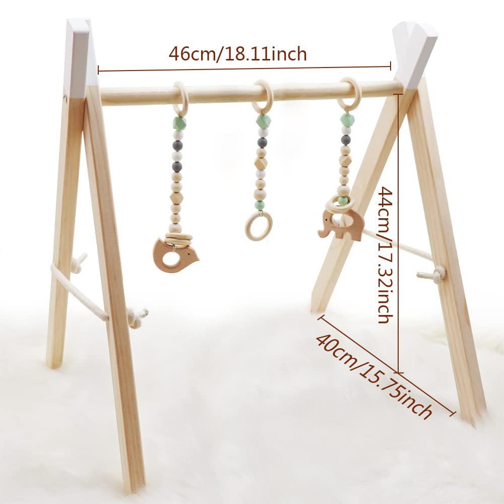 Wooden Baby Gym with 4 Baby Sensory Toys Foldable Baby Play Activity Gym Frame Hanging Bar Newborn Gift