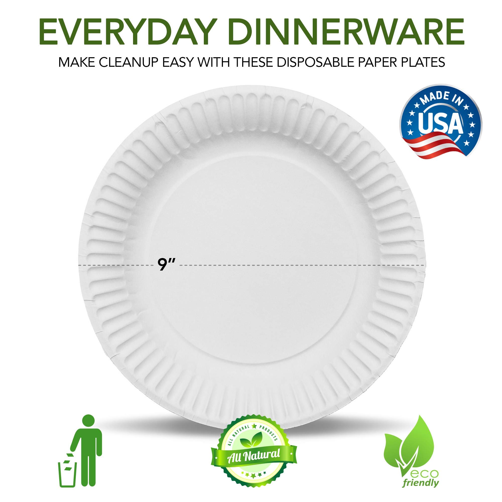 Stock Your Home 9-Inch Paper Plates Uncoated, Everyday Disposable Plates 9" Paper Plate Bulk, White, 500 Count