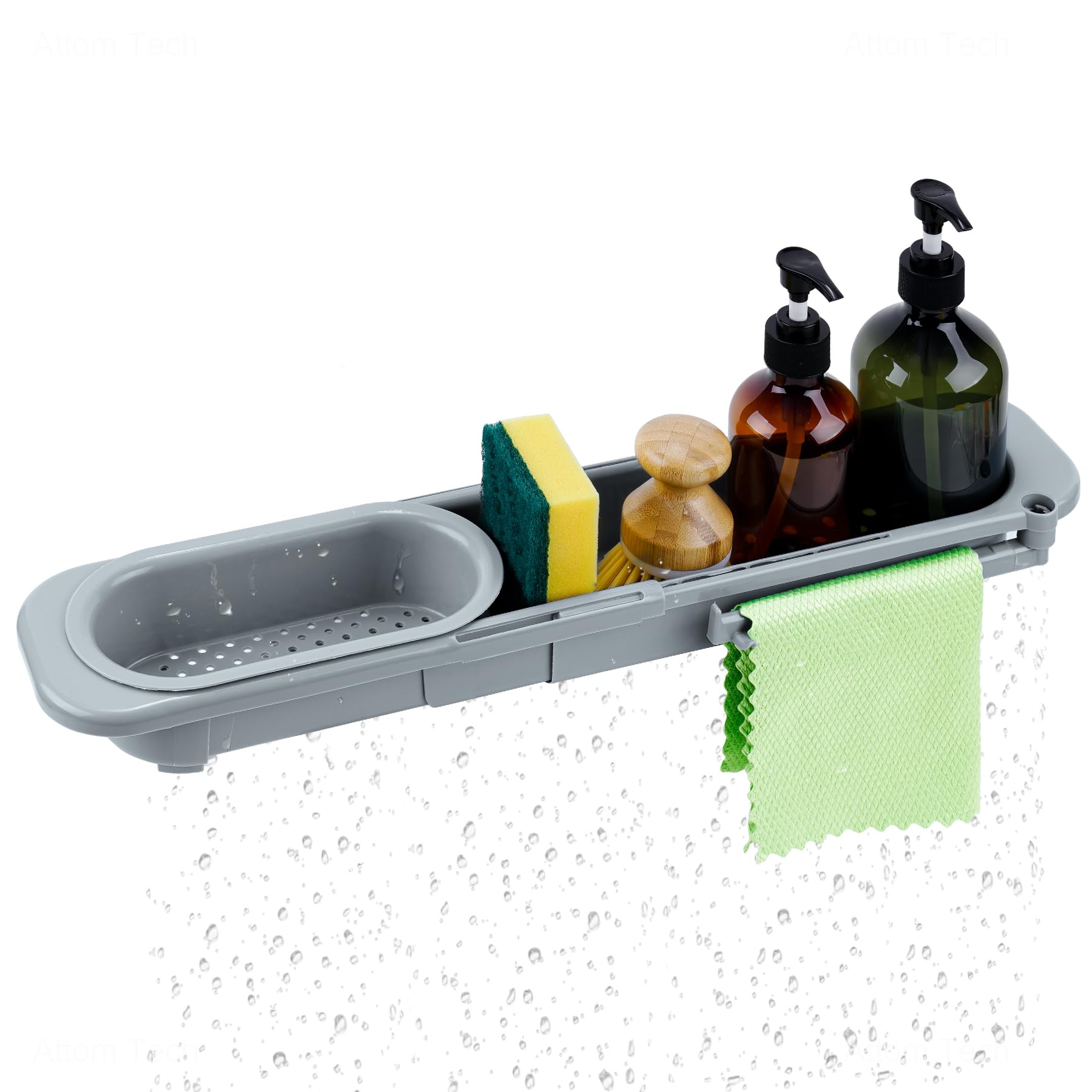 NiHome Telescopic Sink Holder with Sponge, Adjustable Kitchen Sink Organizer Rack Sponge Soap Holder Expandable Storage Drain Basket Sink Organizer Holder Dish Cloth Hanger for Home Kitchen (Grey)