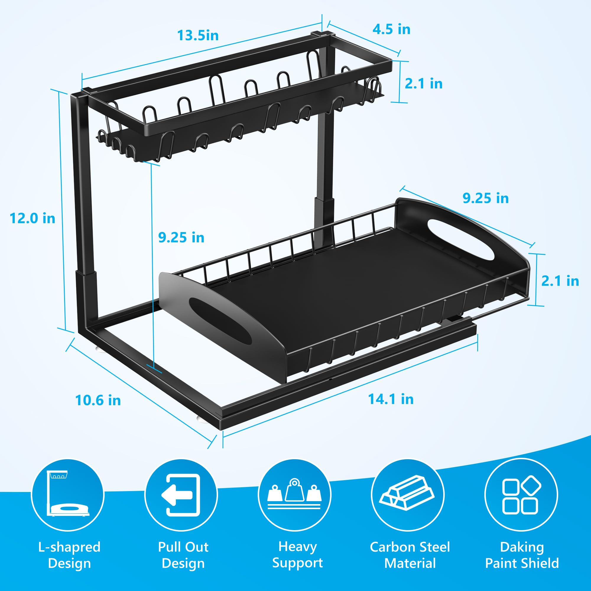 Fkprorjv Under Sink Organizers and Storage, 2 Pack Kitchen Bathroom Sink Organizer with Hooks, 2 Tier Under Sink Cabinet Basket Storage Shelf with Sliding Drawers, Black
