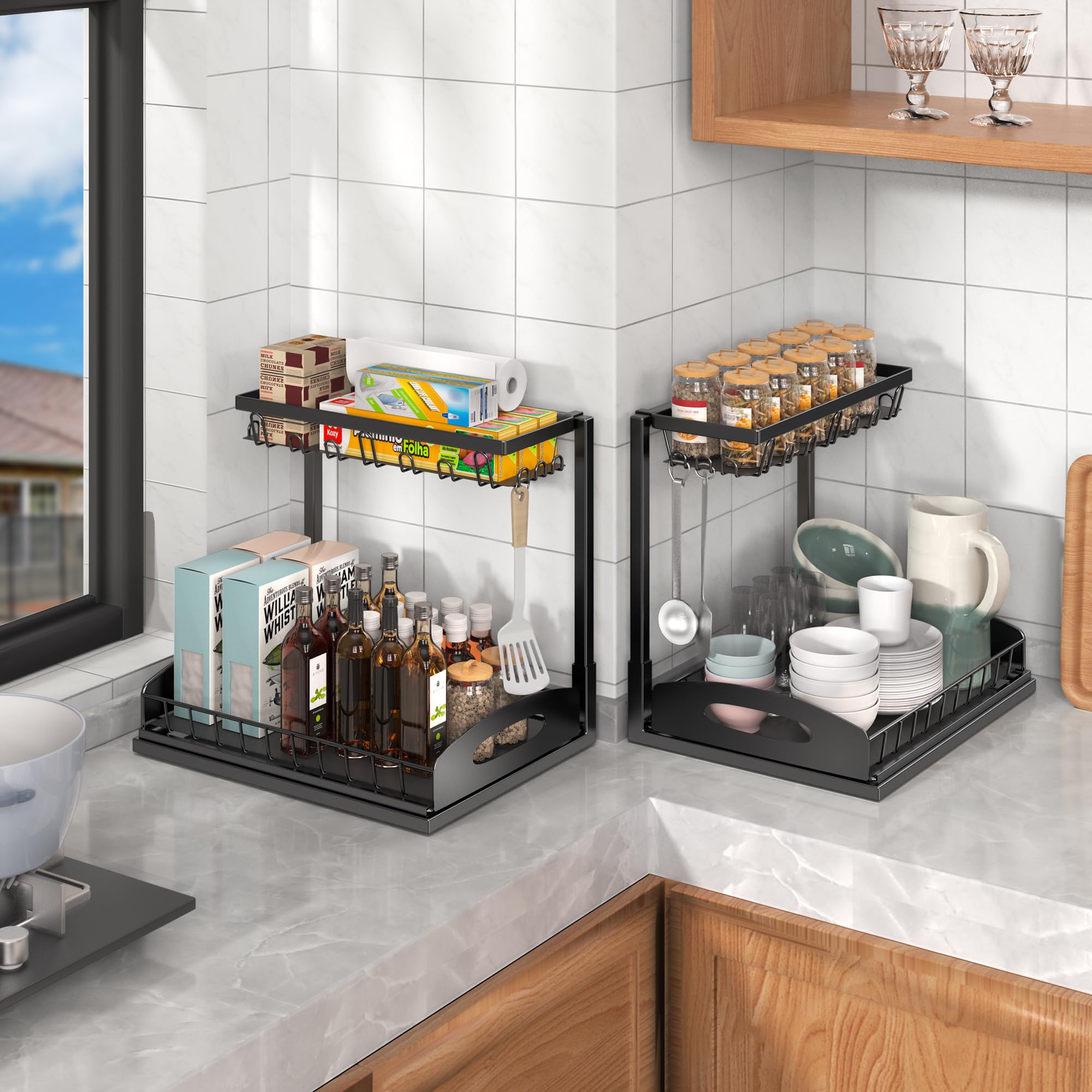 Fkprorjv Under Sink Organizers and Storage, 2 Pack Kitchen Bathroom Sink Organizer with Hooks, 2 Tier Under Sink Cabinet Basket Storage Shelf with Sliding Drawers, Black