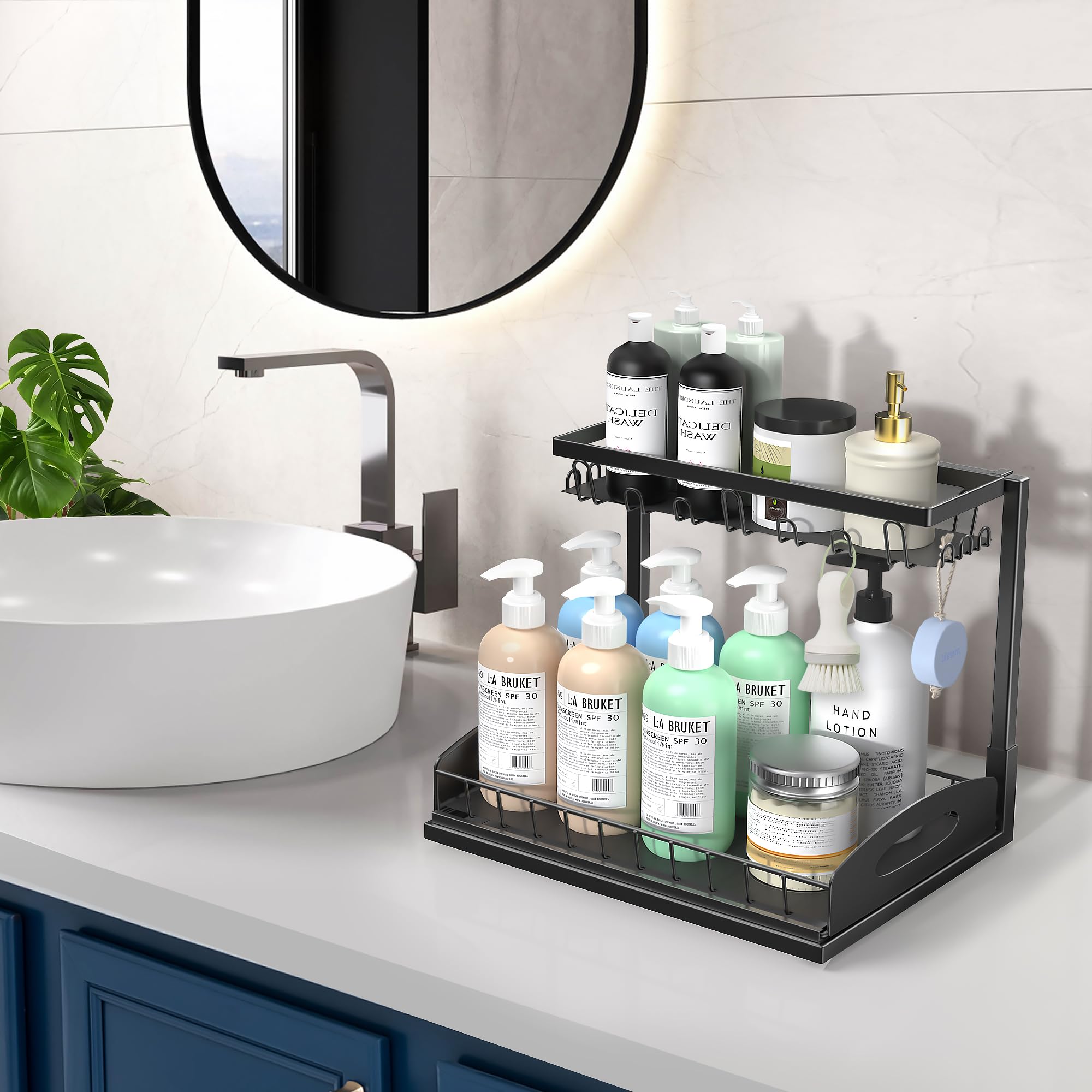 Fkprorjv Under Sink Organizers and Storage, 2 Pack Kitchen Bathroom Sink Organizer with Hooks, 2 Tier Under Sink Cabinet Basket Storage Shelf with Sliding Drawers, Black