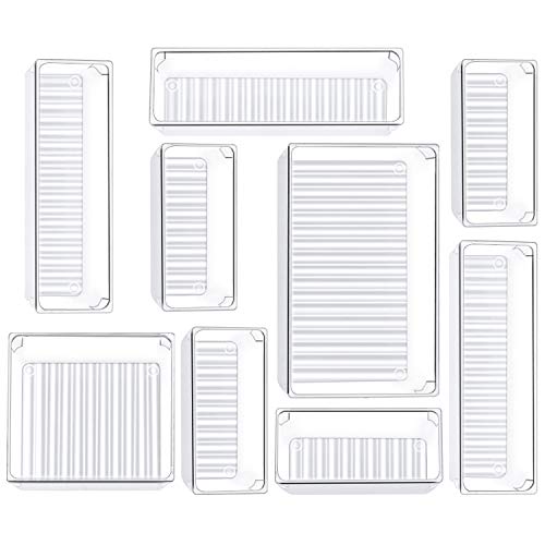 Kootek 9 Pcs Drawer Organizer 4-Size Bathroom Drawer Organizers Clear Plastic Desk Storage Bins Vanity Makeup Drawer Dividers for Jewelry Dresser Bedroom Kitchen Gadgets Office (Clear)