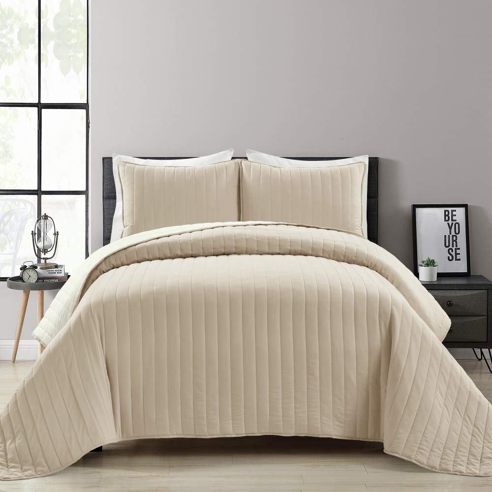 Lush Decor Soft Stripe All Season 3 Piece Quilt/Coverlet Set, Neutral & Ivory, Full Queen
