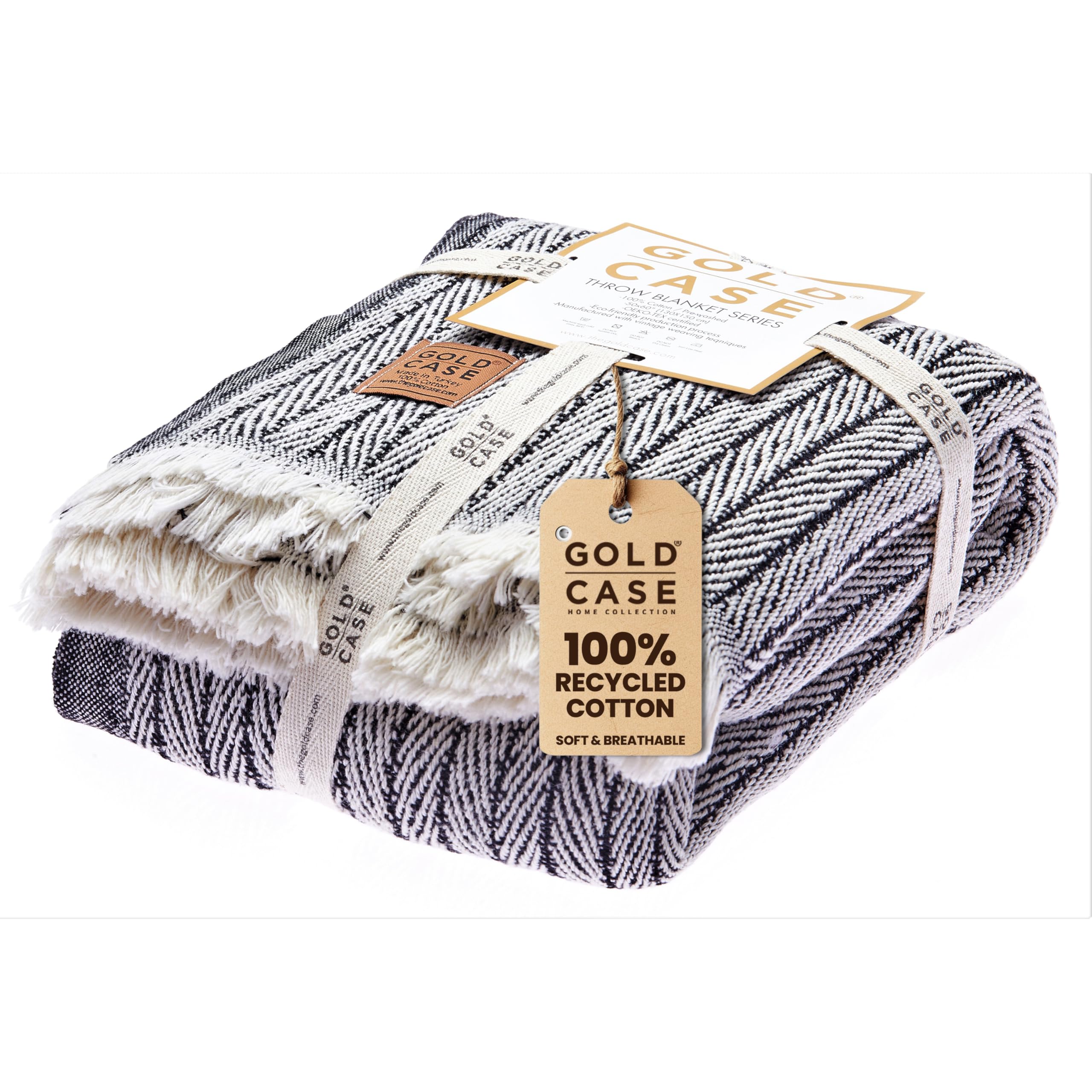 Gold Case Throw Blanket for Couch - 100% Recycled Turkish Cotton Blankets & Throws - Vintage Soft Throw Blankets for Living Room Sofa - Boho Decorative Woven Throws for Couch - 50x60 - Black