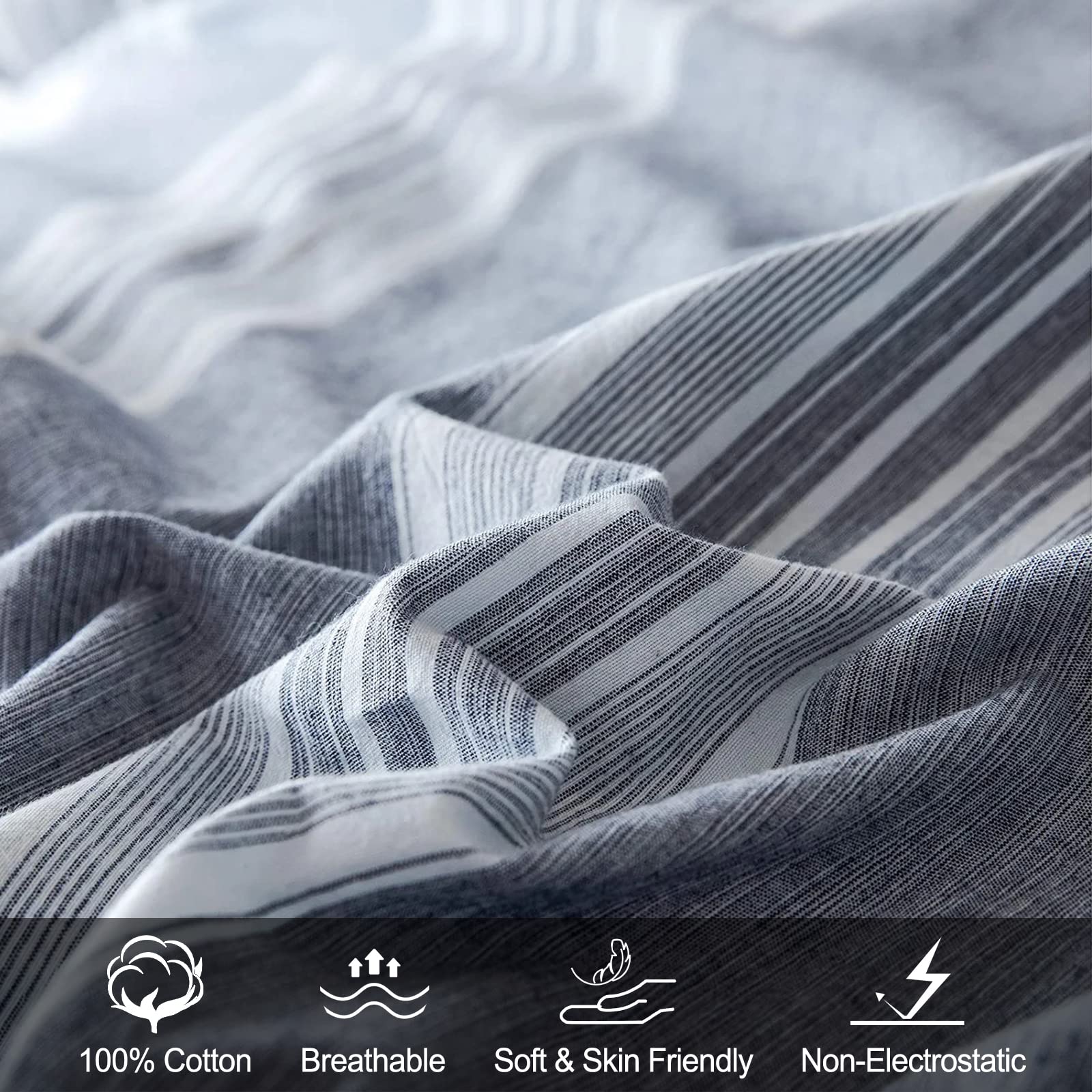 David's Home 100% Washed Cotton Duvet Cover Set King Size, Chambray Stripe Duvet Cover with Pillow Shams, 3pcs Ultra Soft and Breathable Bedding, 104x 90 Inches, Blue Beige