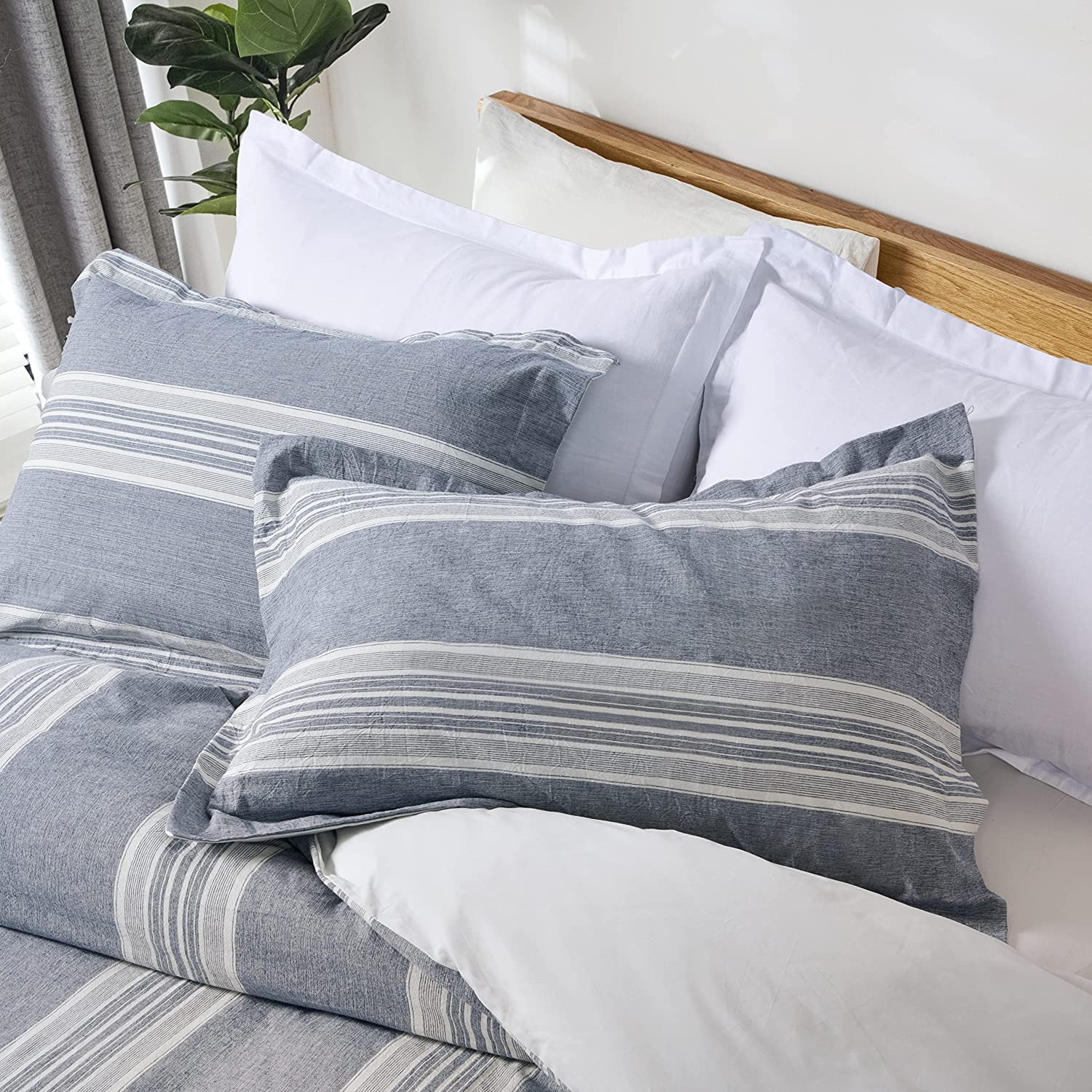 David's Home 100% Washed Cotton Duvet Cover Set King Size, Chambray Stripe Duvet Cover with Pillow Shams, 3pcs Ultra Soft and Breathable Bedding, 104x 90 Inches, Blue Beige