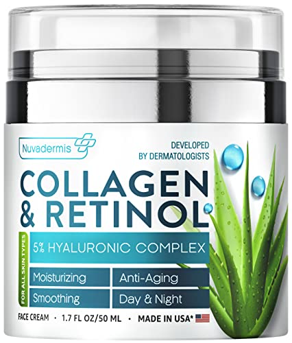 NUVADERMIS Collagen & Retinol Face Moisturizer - Night & Day Cream - Made in USA - Anti Aging & Anti Wrinkle Lotion - Sensitive Skin Safe - Daily Hydrating Skin Care for Women & Men - Pump, 1.7 oz