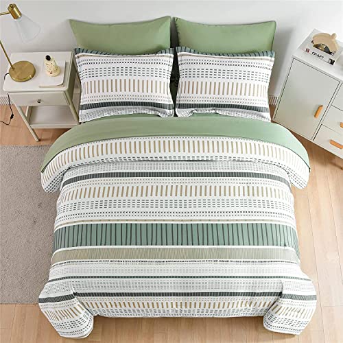 Davulos Boho Stripe Comforter Set King Size 7 Piece Bed in a Bag, White Sage Green Patchwork Striped Comforter and Sheet Set, Soft Microfiber Complete Bedding Set for All Season(Green,King)