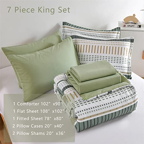 Davulos Boho Stripe Comforter Set King Size 7 Piece Bed in a Bag, White Sage Green Patchwork Striped Comforter and Sheet Set, Soft Microfiber Complete Bedding Set for All Season(Green,King)