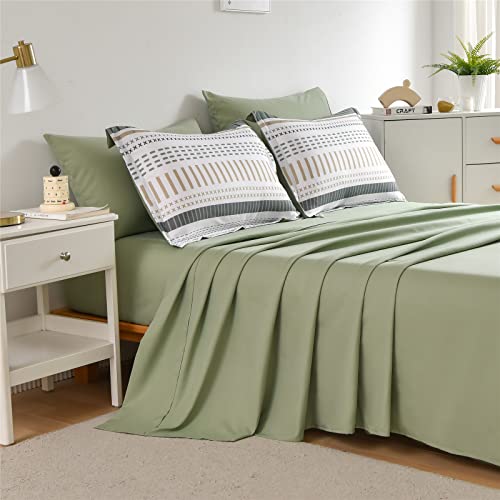 Davulos Boho Stripe Comforter Set King Size 7 Piece Bed in a Bag, White Sage Green Patchwork Striped Comforter and Sheet Set, Soft Microfiber Complete Bedding Set for All Season(Green,King)