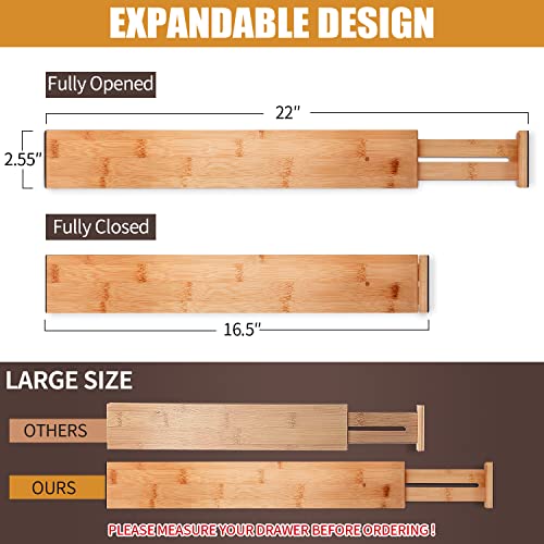 Toydoooco Bamboo Drawer Dividers, Kitchen Drawer Organizer with Spring Loaded,Separators for Dresser,Bathroom,Office 16.5"-22" Pack of 6