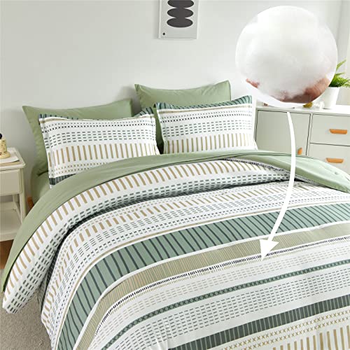 Davulos Boho Stripe Comforter Set King Size 7 Piece Bed in a Bag, White Sage Green Patchwork Striped Comforter and Sheet Set, Soft Microfiber Complete Bedding Set for All Season(Green,King)
