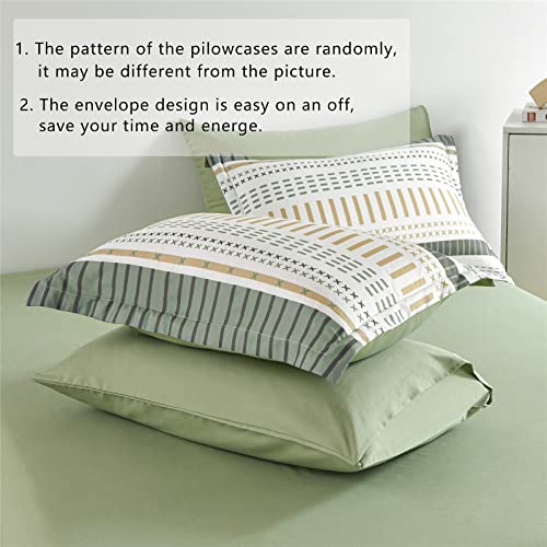 Davulos Boho Stripe Comforter Set King Size 7 Piece Bed in a Bag, White Sage Green Patchwork Striped Comforter and Sheet Set, Soft Microfiber Complete Bedding Set for All Season(Green,King)