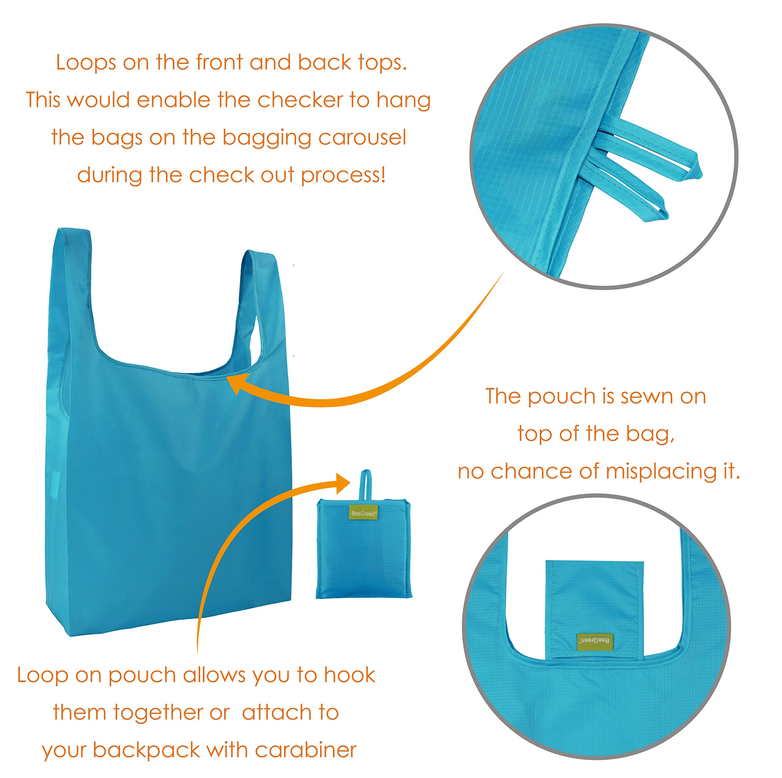 BeeGreen Reusable Grocery Bags 5 Pack, Grocery Tote Folded into Attached Pouch, Ripstop Polyester Shopping Bags, Washable, Durable and Lightweight (Black,Royal,Navy,Teal,Moss)