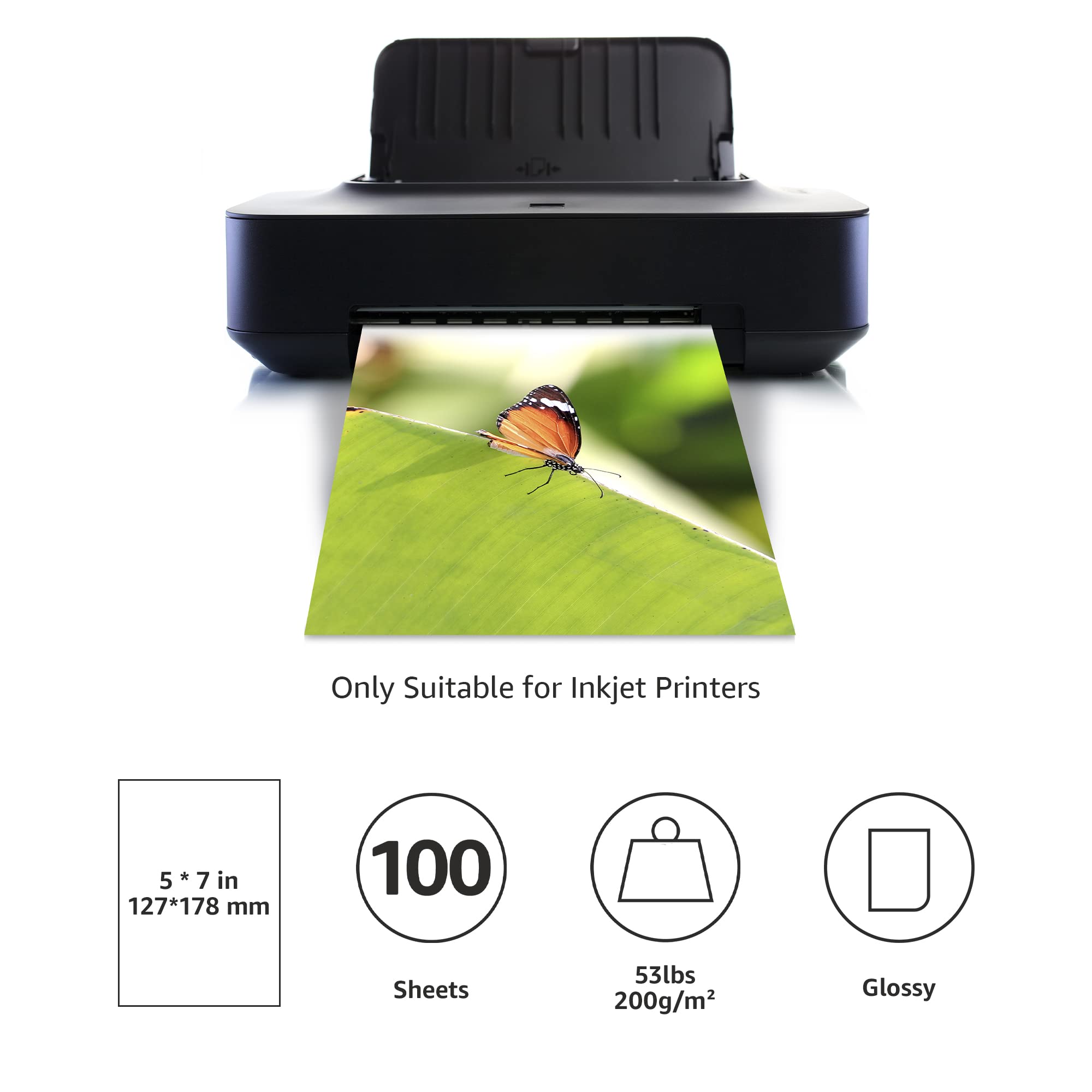 Amazon Basics Photo Paper, Glossy, 5 x 7 Inch, Pack of 100 Sheets, 200g/m²