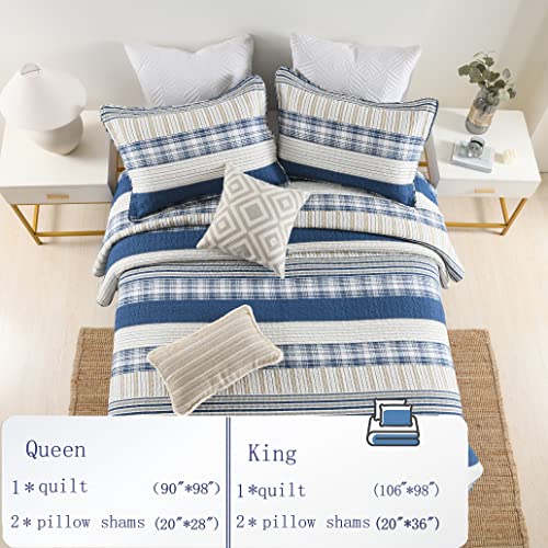 YUMIYUSHI Quilt Queen Size - Cotton Striped Queen Quilt Set,Navy Blue Tan White Plaid Queen Quilt Bedding Set ,Farmhouse Bedspreads Lightweight Reversible 3 Piece