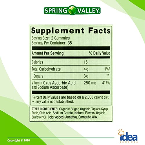 Spring Valley Vegetarian Vitamin C Gummies for Adults, 250 mg, 70 Ct + “Vitamins & Minerals - A to Z - Better Idea Guide©” (1 Pack 70 Count)