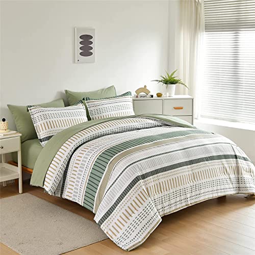 Davulos Boho Stripe Comforter Set King Size 7 Piece Bed in a Bag, White Sage Green Patchwork Striped Comforter and Sheet Set, Soft Microfiber Complete Bedding Set for All Season(Green,King)