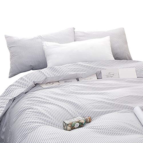 Wake In Cloud - Striped Comforter Set, 100% Cotton Fabric, Ticking Stripe Vertical Pinstripe Neutral Farmhouse Aesthetic, 3 Pieces Bedding Set, Gray, California King Size