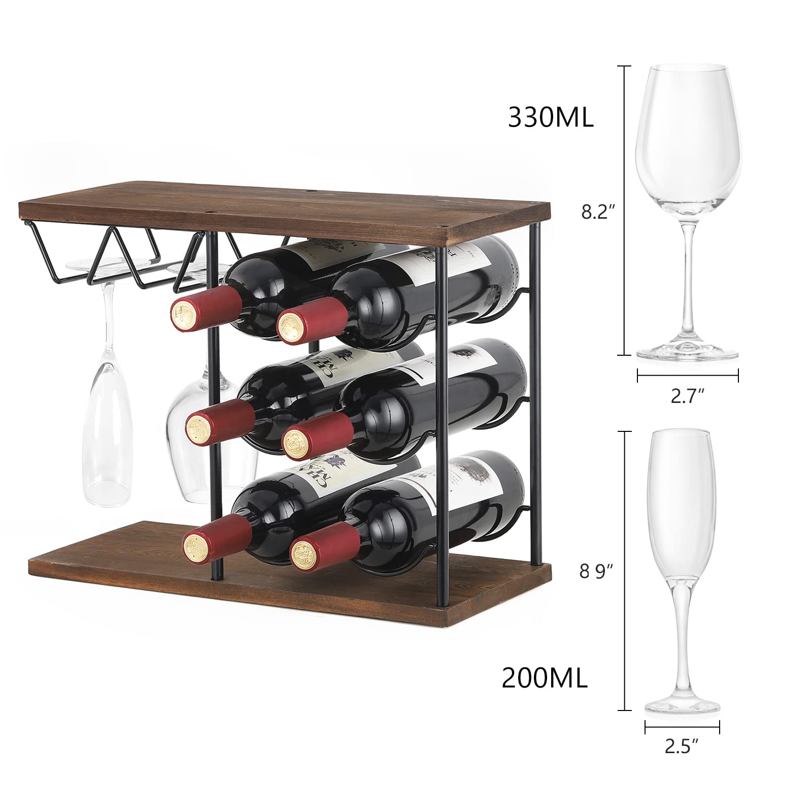 MOOACE Wine Glass Rack Free Standing Floor, Metal & Wood Countertop Wine Holder, 6 Bottles and 4 Glasses Stand