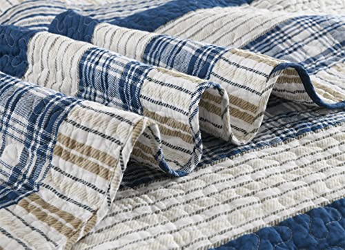 YUMIYUSHI Quilt Queen Size - Cotton Striped Queen Quilt Set,Navy Blue Tan White Plaid Queen Quilt Bedding Set ,Farmhouse Bedspreads Lightweight Reversible 3 Piece