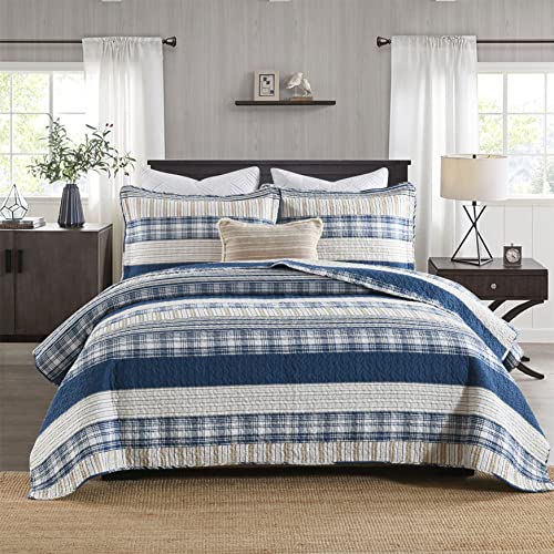 YUMIYUSHI Quilt Queen Size - Cotton Striped Queen Quilt Set,Navy Blue Tan White Plaid Queen Quilt Bedding Set ,Farmhouse Bedspreads Lightweight Reversible 3 Piece