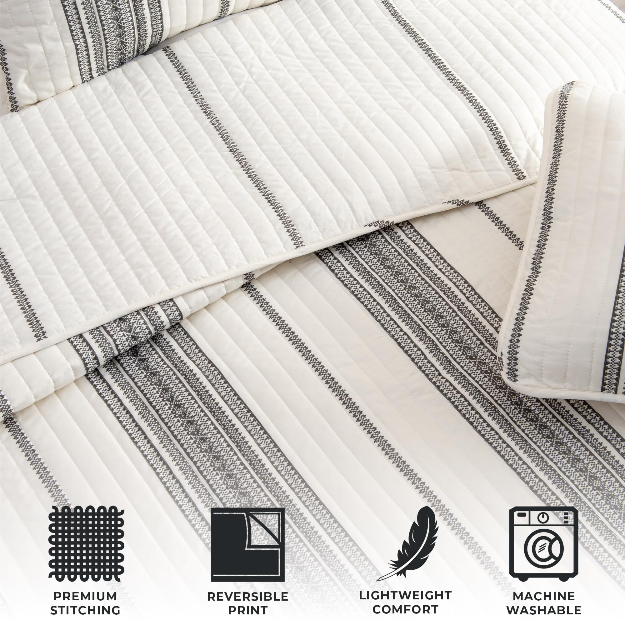 Great Bay Home King Reversible Quilt Bedding Set - All Season, Modern, Lightweight Bedspreads - White and Grey Striped Coverlets (Includes 1 Quilt, 2 Pillow Shams)