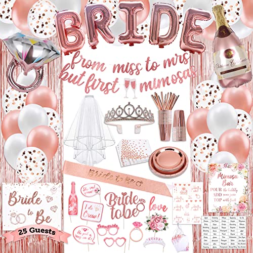 226 PC Bachelorette Party Decorations Kit- Rose Gold Bridal Shower Decorations, Banners, Curtains Mimosa Bar Supply Bride Balloons Sash Tiara Veil Topper Plates Cups Napkins Straws for 25 Guest & More