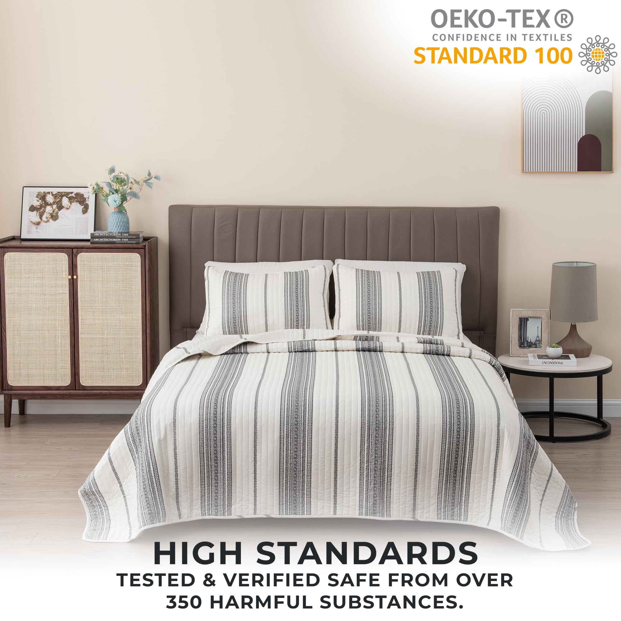 Great Bay Home King Reversible Quilt Bedding Set - All Season, Modern, Lightweight Bedspreads - White and Grey Striped Coverlets (Includes 1 Quilt, 2 Pillow Shams)