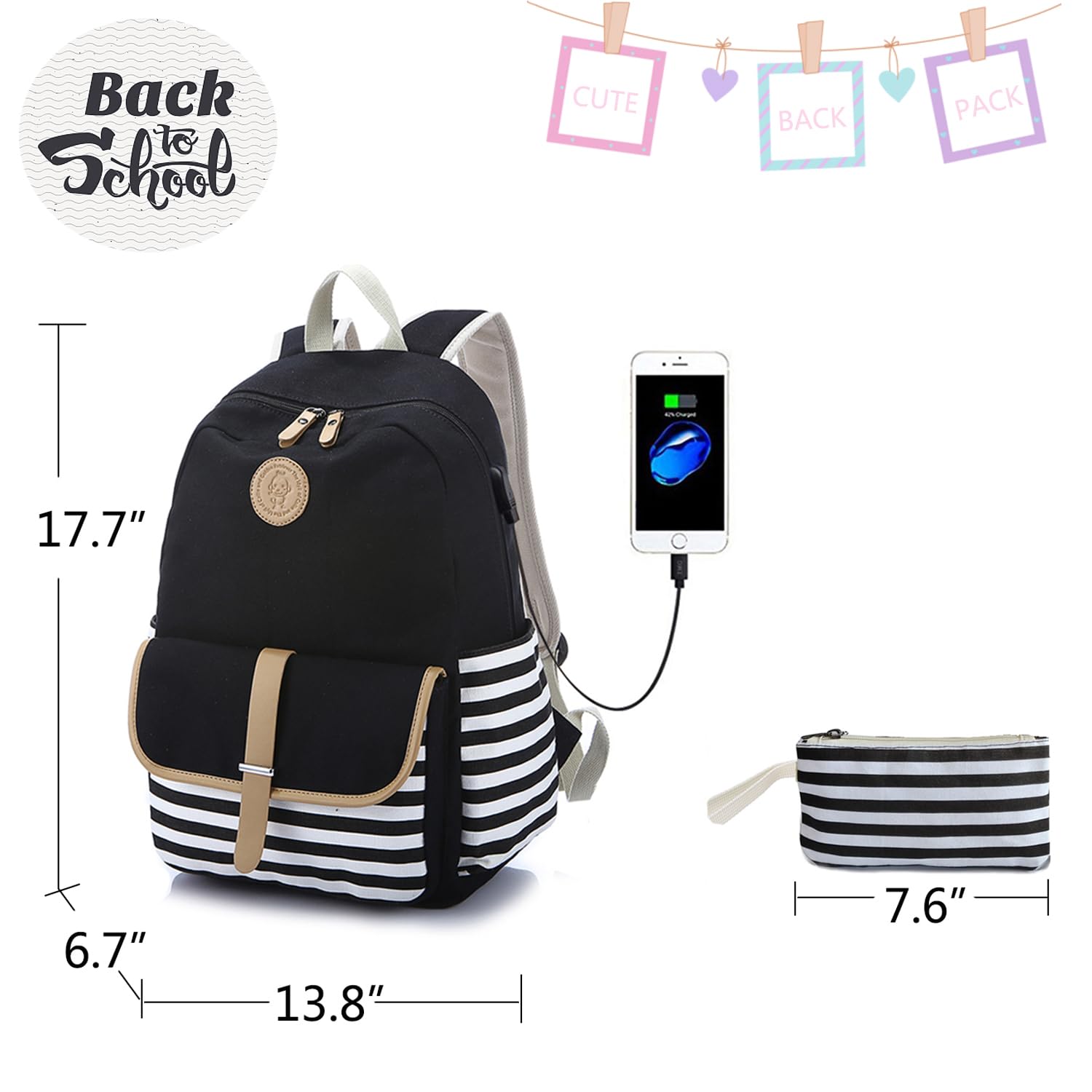 Lmeison Cute Backpack for Teen Girls, Lightweight School Bookbag 15.6'' Laptop Backpack with USB Charging Port