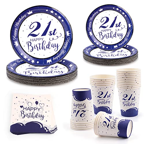 21st Birthday Decorations for Her/Him, 96pcs Happy Birthday Plates and Napkins Navy Blue Party Tableware Set Party Supplies Paper Plates Napkins Cups 21st Birthday Plates - Serves 24 Guests