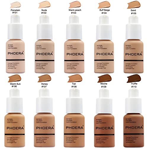 PHOERA Foundation 104 and 105 & Face Primer,Liquid Full Coverage Foundation Set,Foundation Brush Powder Brush,5 Makeup Sponge,30ml PHOERA 24HR Matte Oil Control Concealer (104 Buff Beige + 105 Sand)