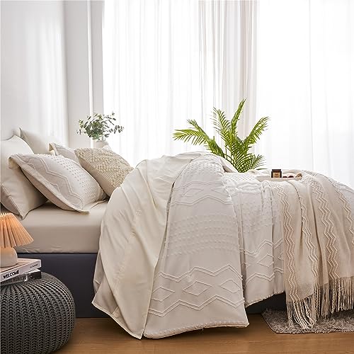 sponwilar Queen Comforter Set 7 Pieces Boho Bed in a Bag, Geometric Textured Tufted Bed Set, Soft Microfiber Lightweight Bedding Set for All Season(Cream, Queen)