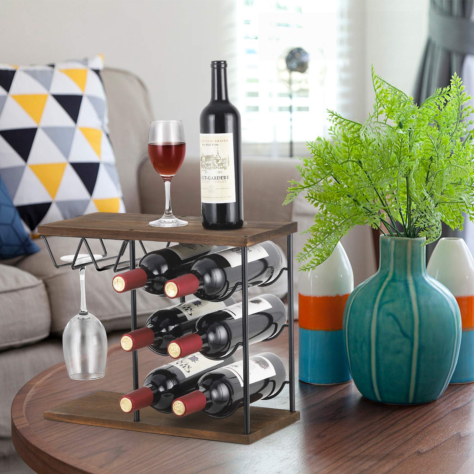 MOOACE Wine Glass Rack Free Standing Floor, Metal & Wood Countertop Wine Holder, 6 Bottles and 4 Glasses Stand