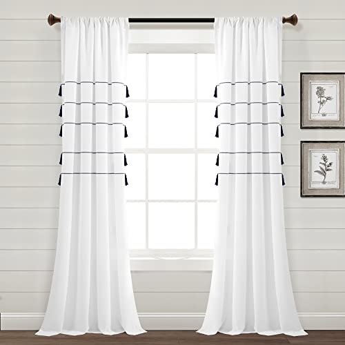 Lush Decor Farmhouse Boho Stripe Woven Tassel Yarn Dyed Cotton Window Curtain Panel Pair, 95" L x 42" W, White
