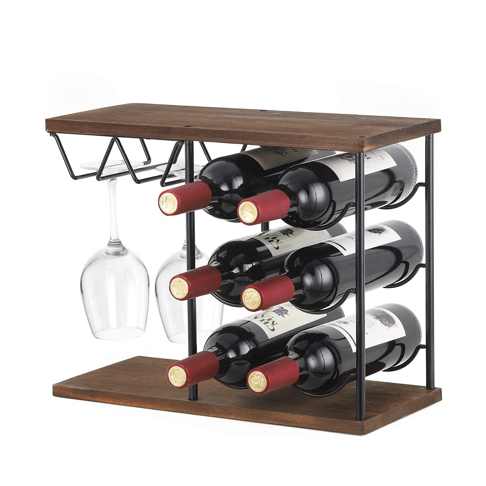 MOOACE Wine Glass Rack Free Standing Floor, Metal & Wood Countertop Wine Holder, 6 Bottles and 4 Glasses Stand