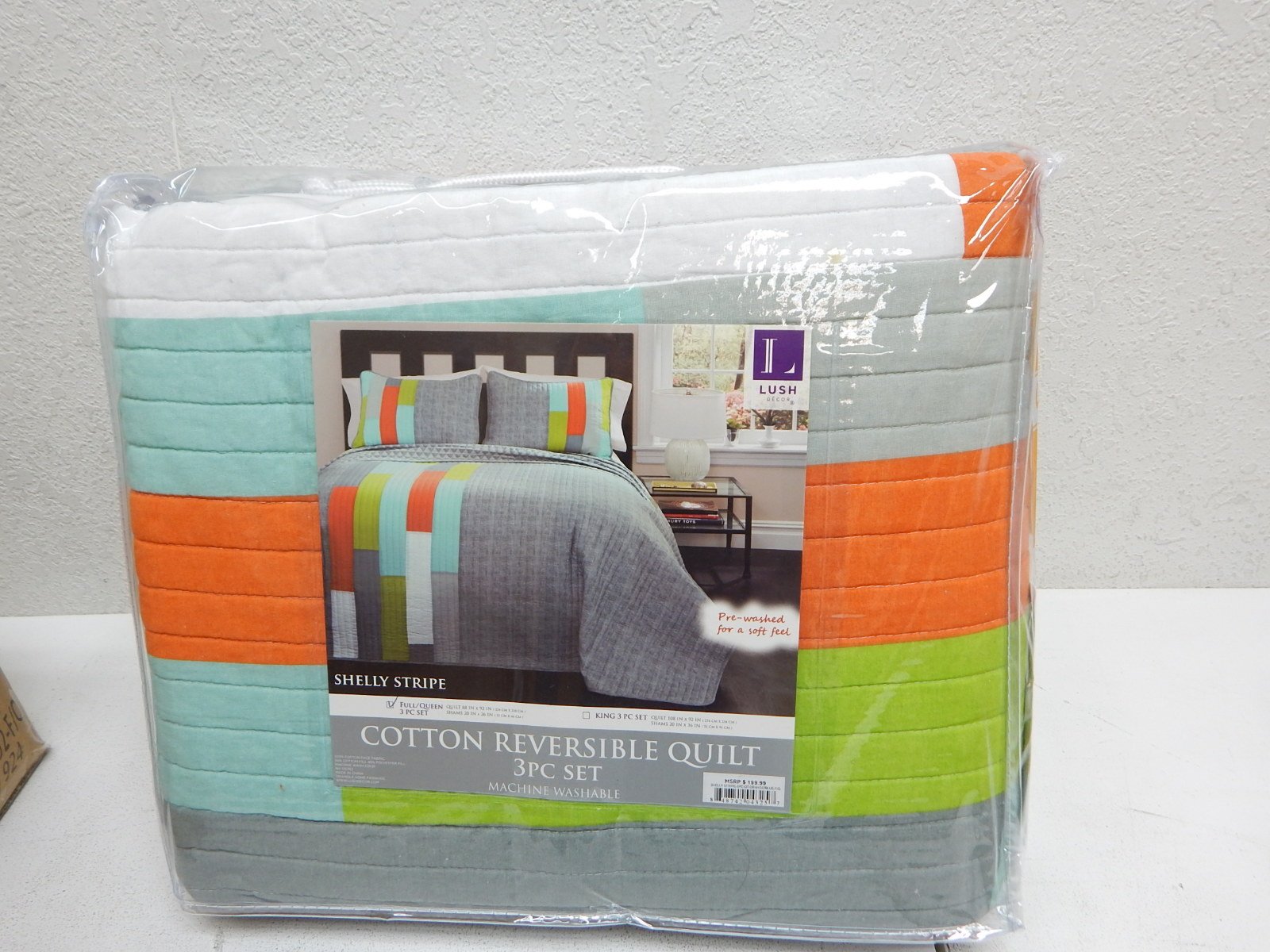 Lush Decor Shelly Stripe Quilt | Modern Geometric Pattern Reversible 3 Piece Bedding Set - Full/Queen - Orange & Gray