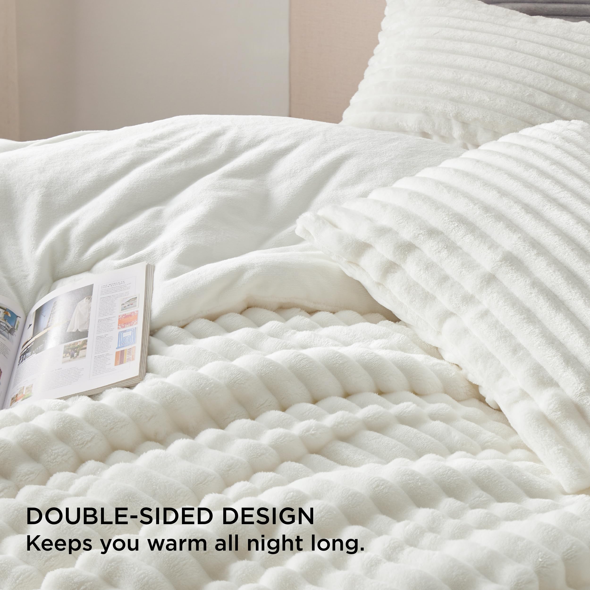 Bedsure Fluffy Comforter Set Queen - Super Soft Faux Fur Bed Set Cream White, Winter Warm Plush Fleece Bedding, 3 Pieces, 1 Shaggy Fuzzy Queen Size Comforter with 2 Pillowcases