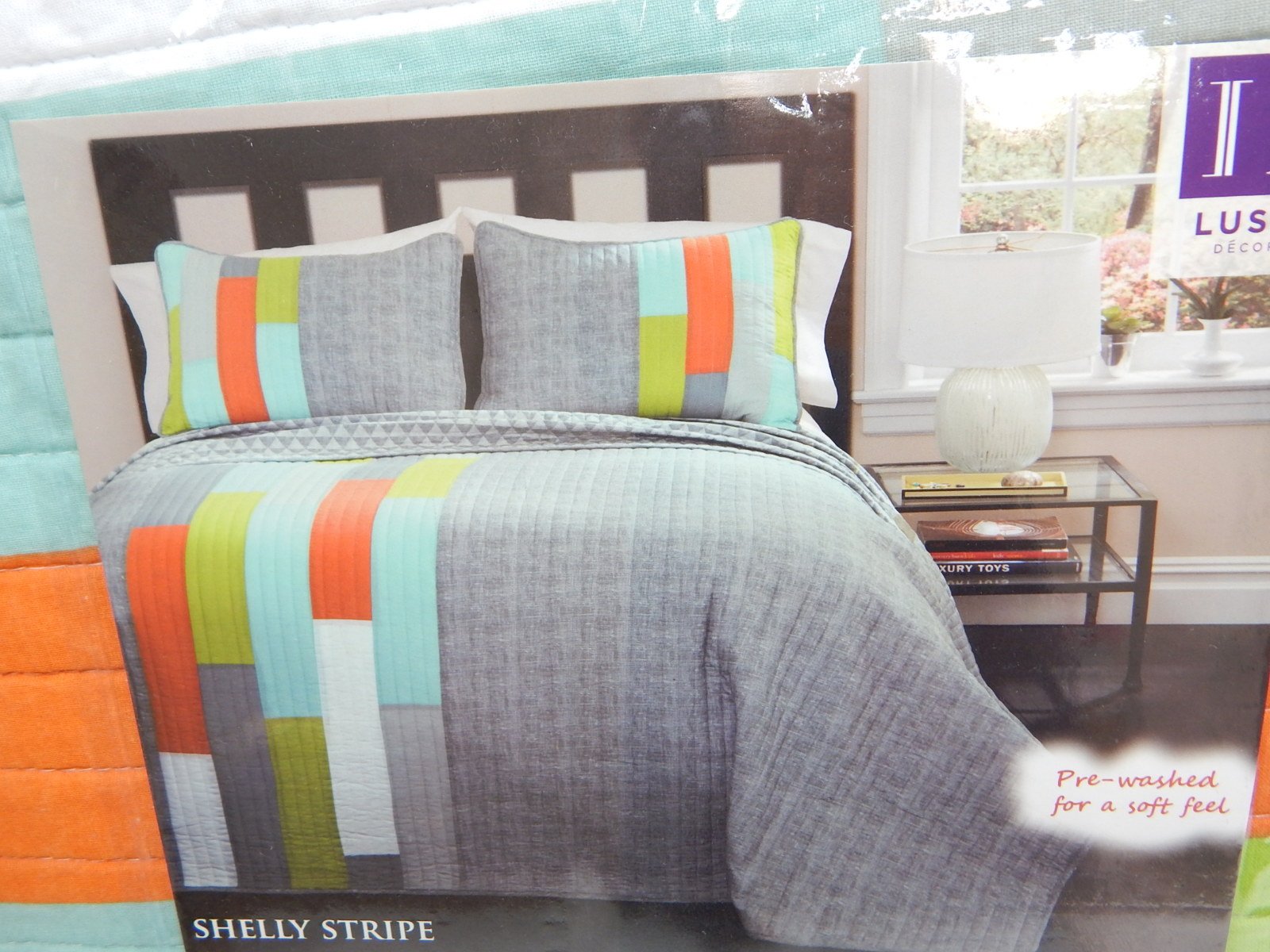 Lush Decor Shelly Stripe Quilt | Modern Geometric Pattern Reversible 3 Piece Bedding Set - Full/Queen - Orange & Gray