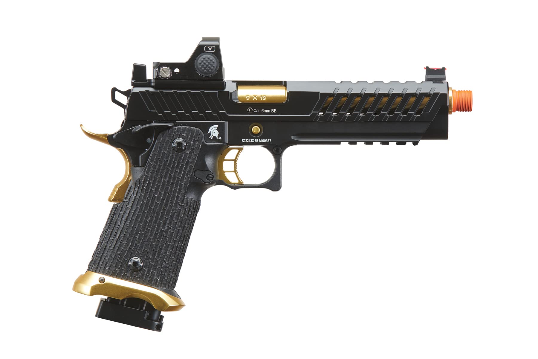 Lancer Tactical Knightshade Hi-Capa Gas Blowback Airsoft Pistol with Red Dot Mini Sight (Black/Gold)
