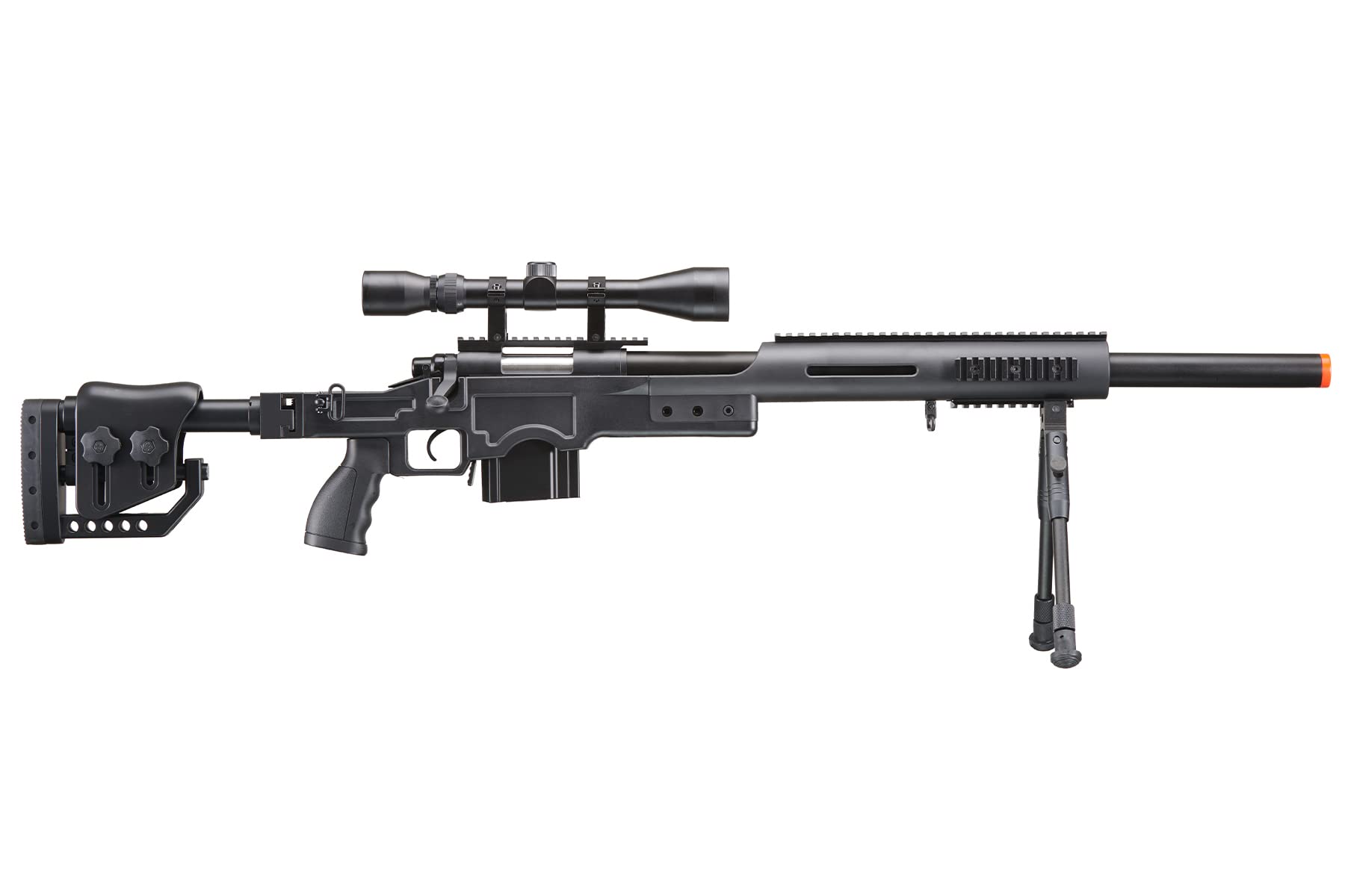 WF 410 High FPS Airsoft M24 Bolt Action Tri Rail Airsoft Rifle with Scope & Bipod - Black