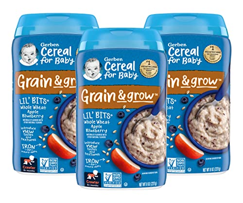 Gerber Cereal for Baby Grain & Grow Cereal, Lil’ Bits Whole Wheat Apple Blueberry Cereal, Non-GMO, For Crawlers 8+ Months, 8-Ounce Canister (Pack of 3)