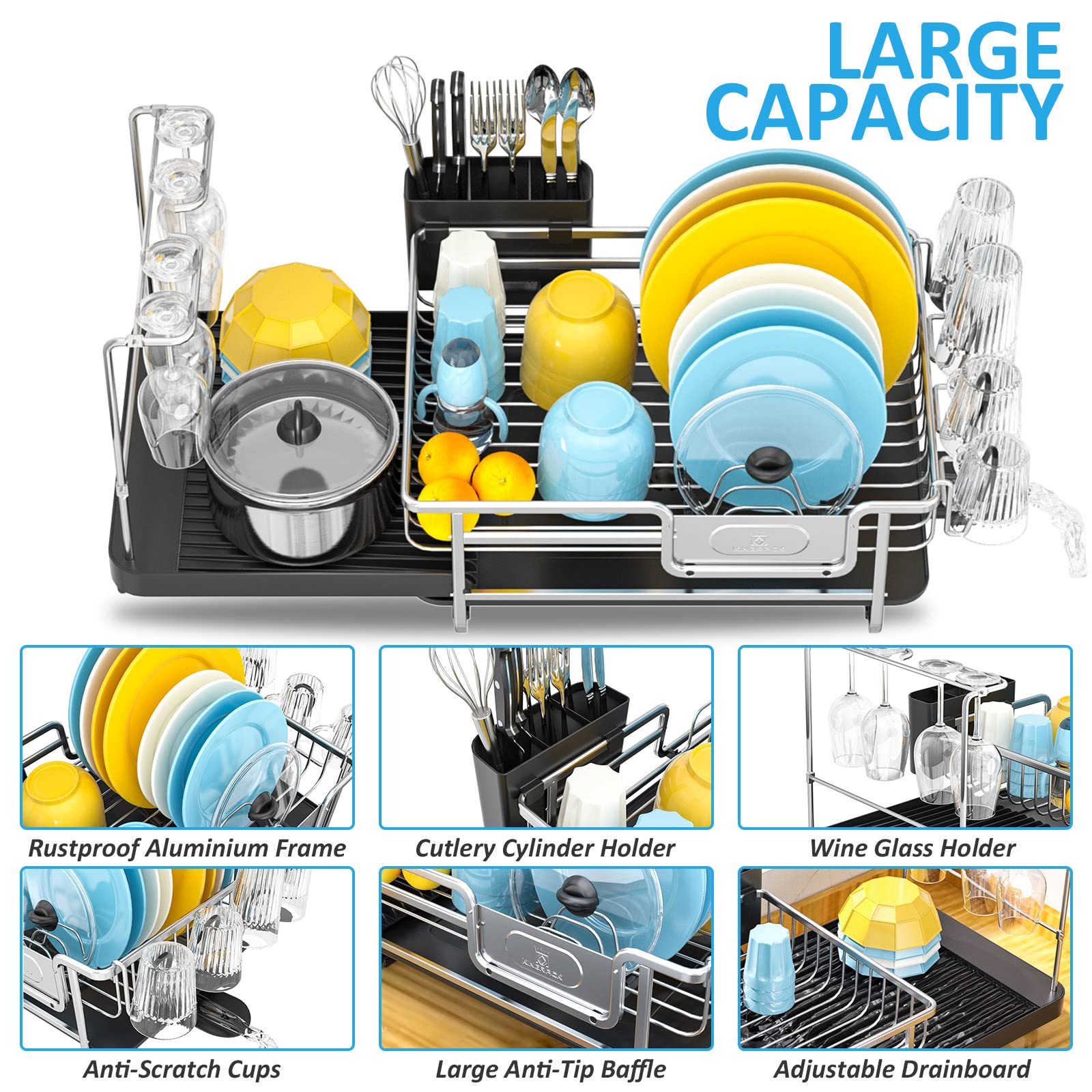 KINGRACK Expandable Dish Drying Rack,Aluminium Foldable Dish Racks for Kitchen Counter,Adjustable Dish Drying Rack with Drainboard Set Swivel Spout,Removable Utensil Holder,Cups Holder,Black