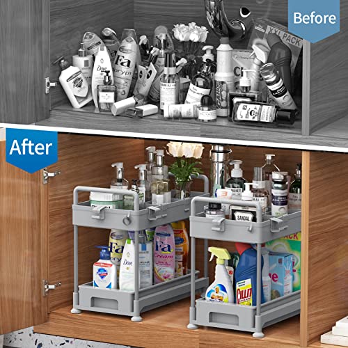 SOLEJAZZ 2-Tier Under Sink Organizer, Sliding Under Bathroom Cabinet Storage Drawer Organizer with Hooks, Hanging Cup, Dividers, Handles, Multi-purpose Under Sink Shelf Organizer, Gray, 2 Pack